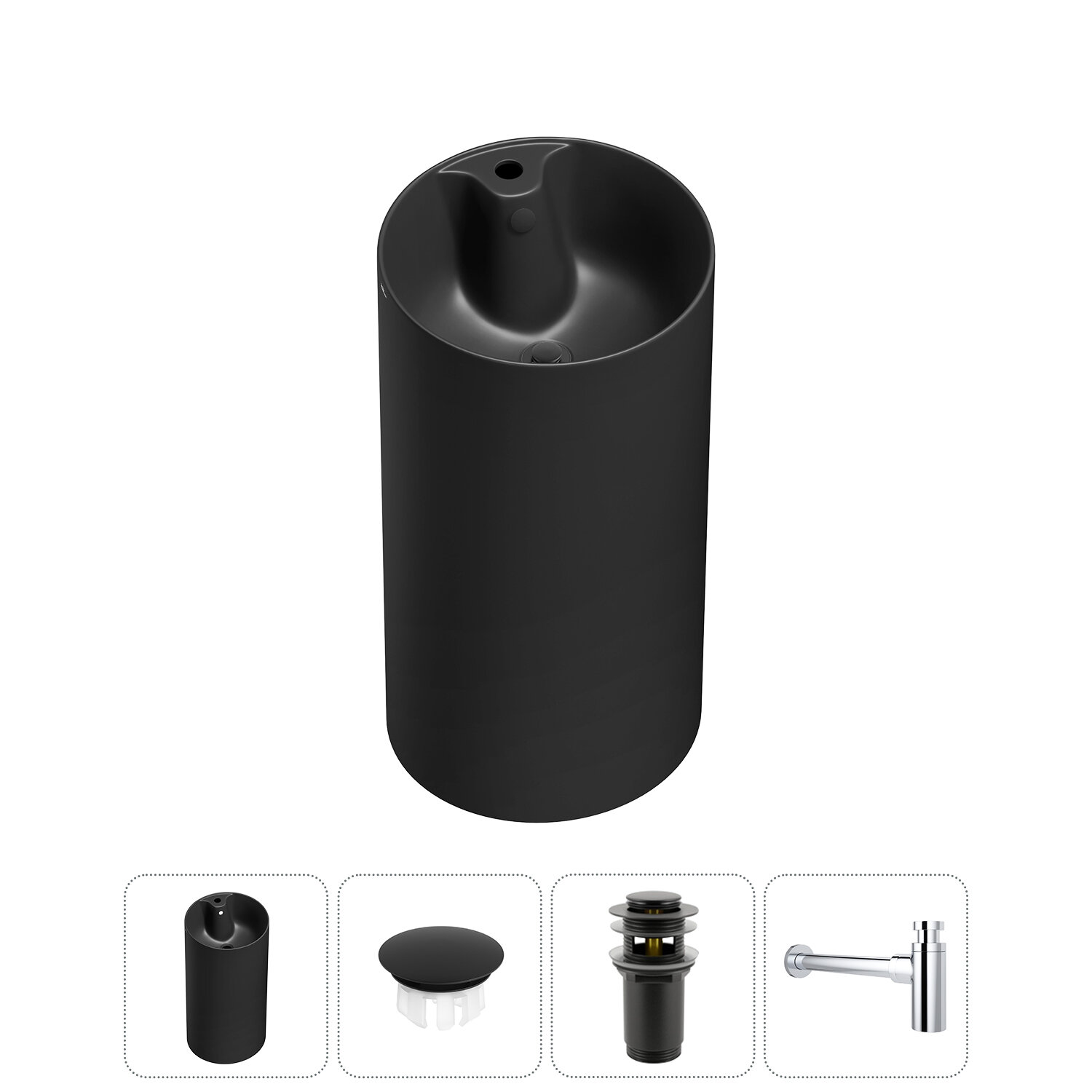 Круглая напольная раковина для ванной Wellsee Callipy Art 20217232R в наборе 4 в 1: отдельностоящая раковина моноблок в цвете матовый черный с заглушкой на переливзаглушка на перелив, донный клапан, сифон