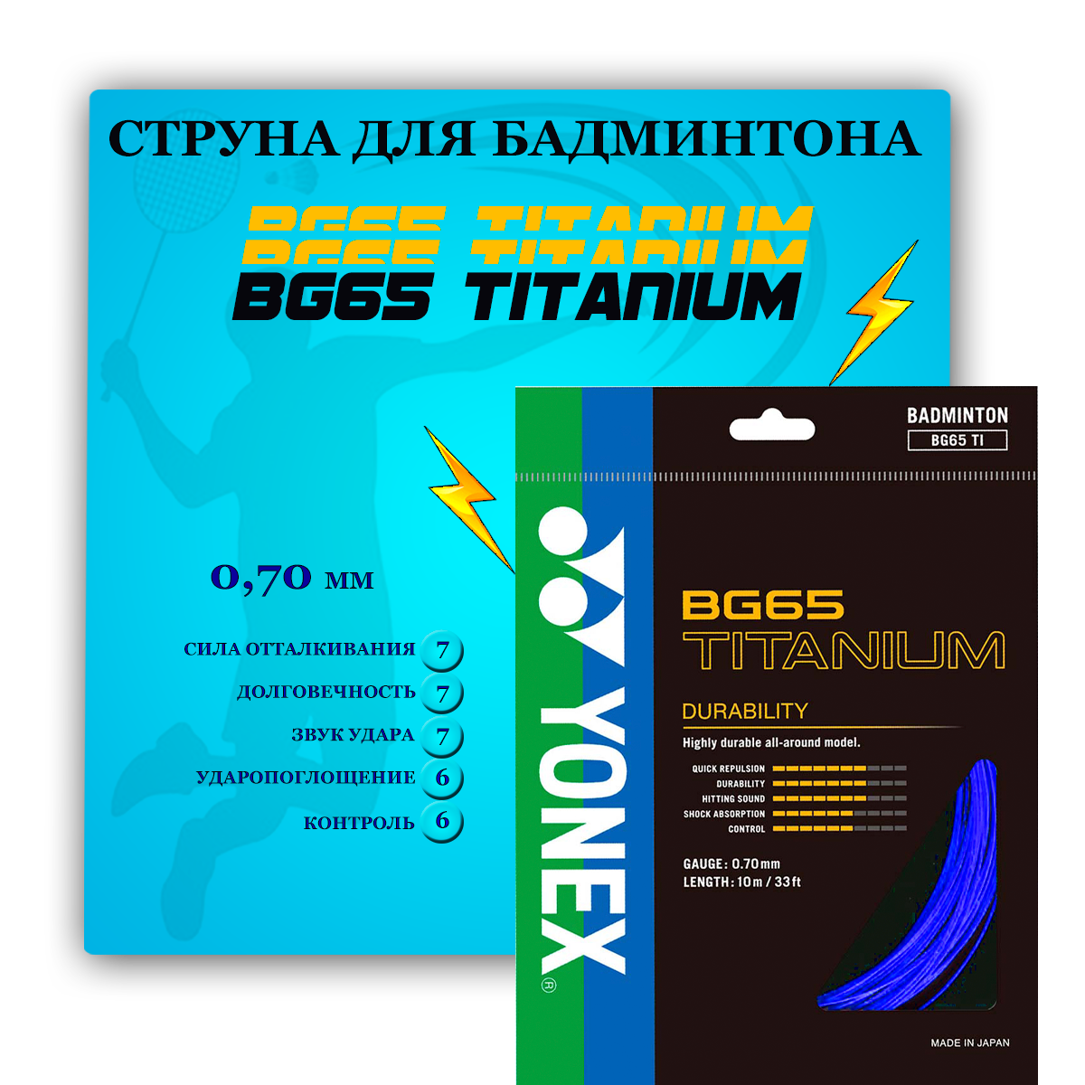Струна YONEX BG65 TITANIUM , для бадминтона, синяя, длина 10 м, толщина 0,7 мм, 1шт