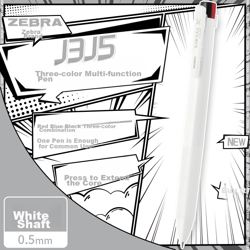 ZEBRA Multi-Function Three-Color Gel Pen, Black/Blue/Red 0.5mm Retractable Multi-Color Pen, Student Business Office Signing Pen J3J5, White Barrel