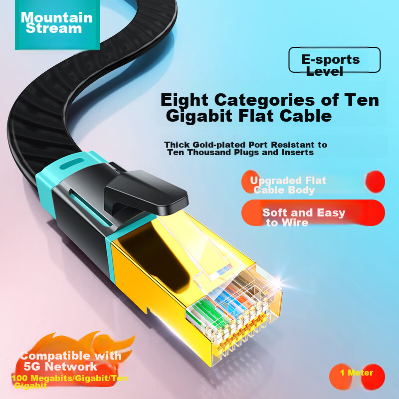 SAMZHE CAT8 10 Gigabit Ethernet Cable, E-Sports Grade Network Flat Patch Cord, Pure Copper Double-Shielded 8-Core Twisted Pair Computer Broadband Connection, Black 1 Meter, BX8010H