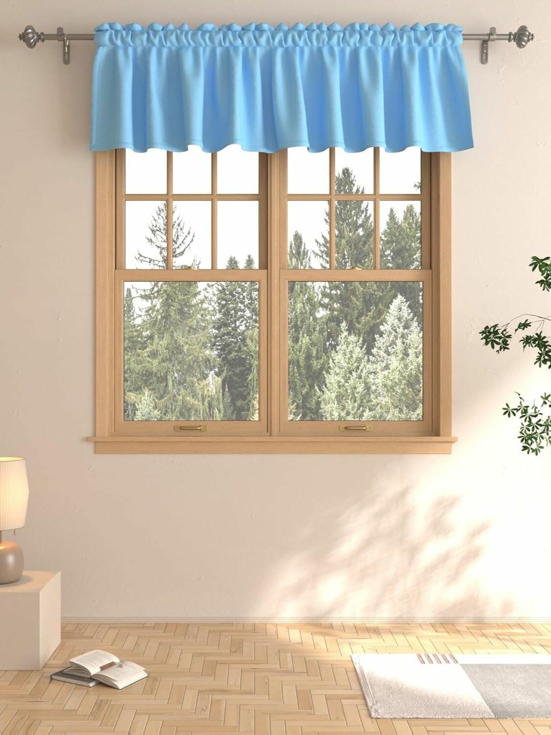 Ламбрекен для кухни на окна из плотной ткани на ленте под крючки арт. БКЛАМ-939 цвет голубой