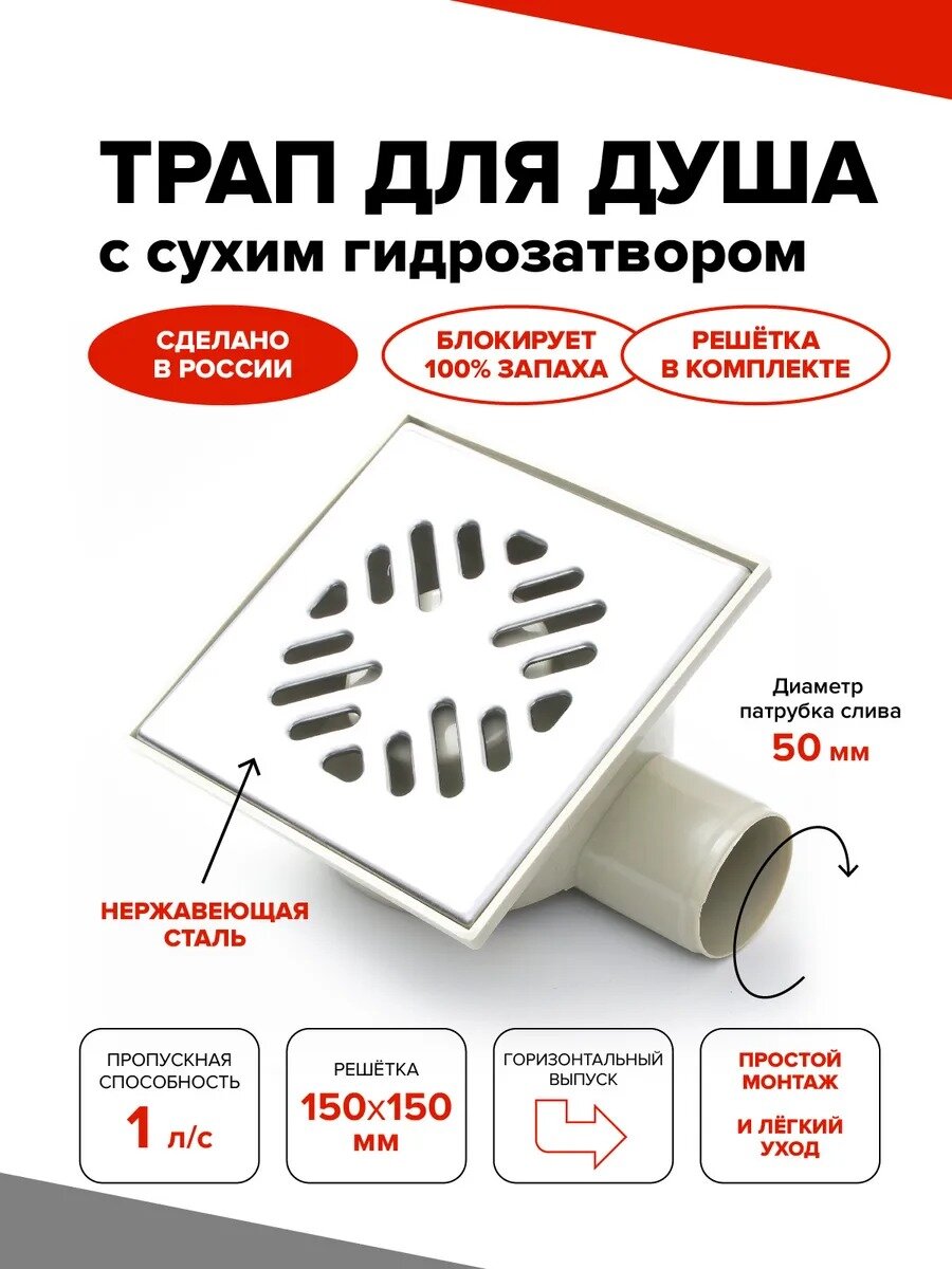 Трап для душа AquaMold AM 503 нерегулируемый горизонтальный с решеткой и сухим гидрозатвором