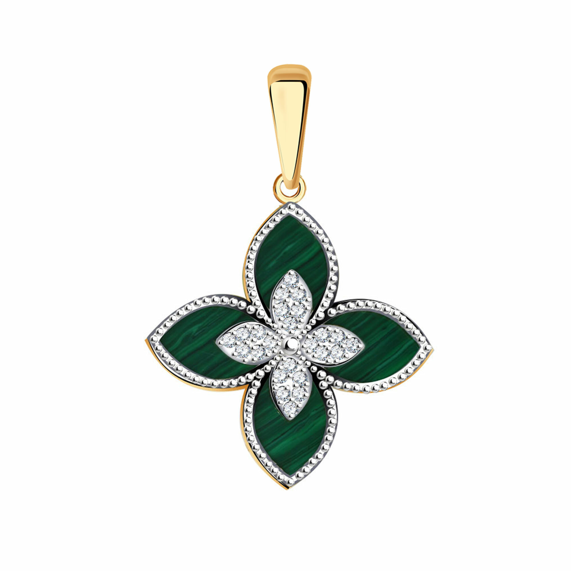 Подвеска, красное золото, 585 проба, малахит, фианит