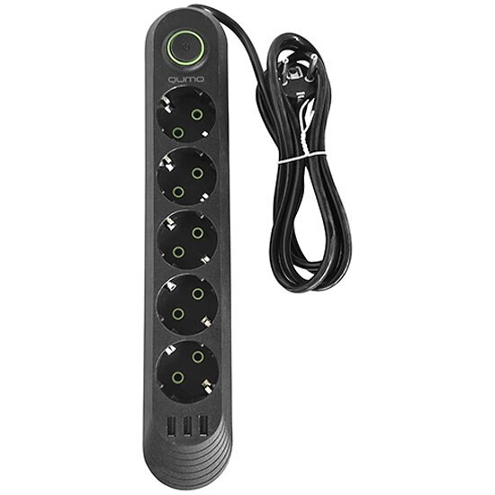 Сетевой фильтр Qumo Power Bar Light SPFS (P-0009)(5 розеток, 3*0,75мм, 3 USB, 3м) черный (P-0009 51555)