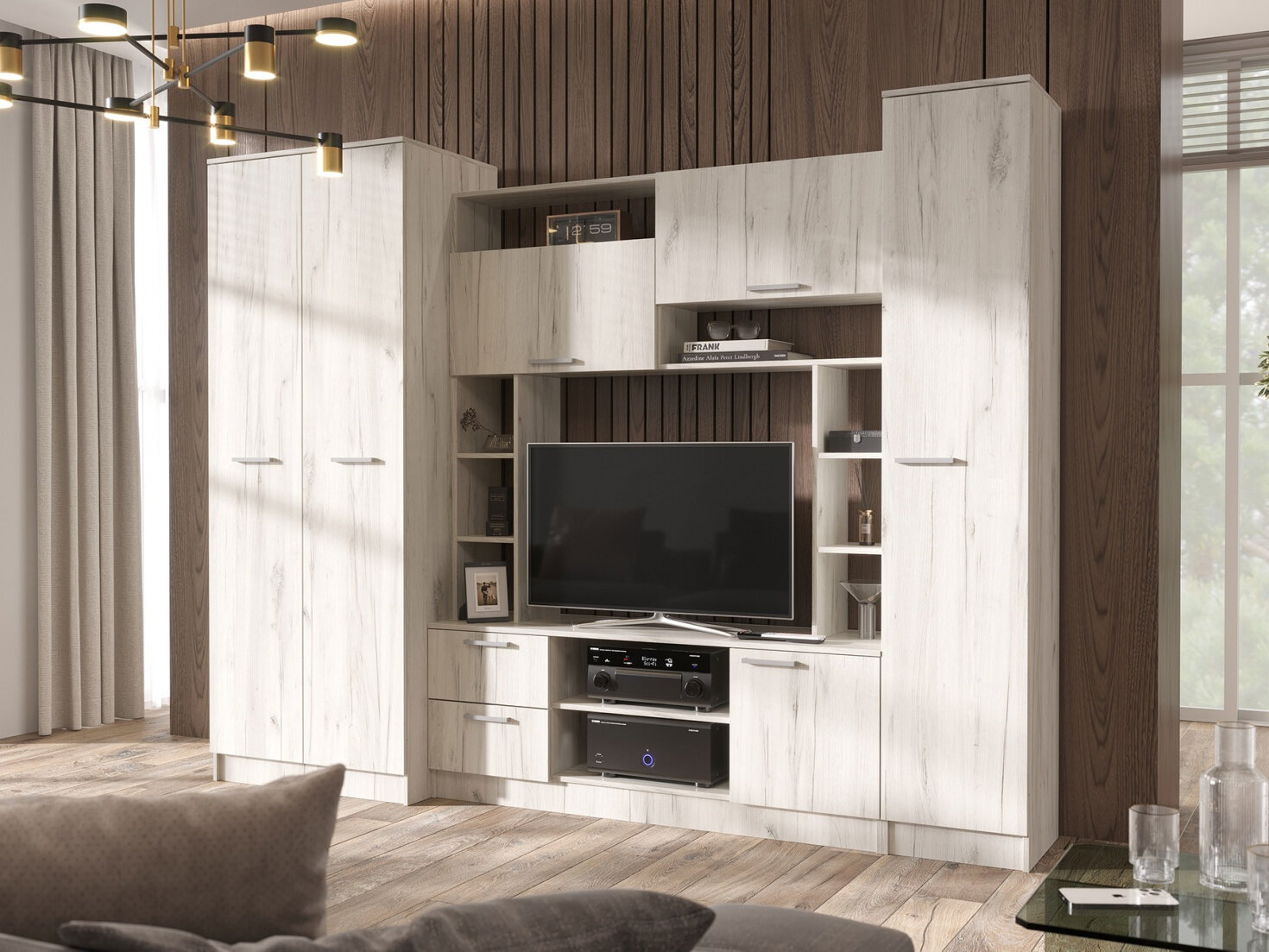 Стенка для гостиной Миф Флора (без зеркала) ЛДСП дуб крафт белый 2700×2100×560 мм