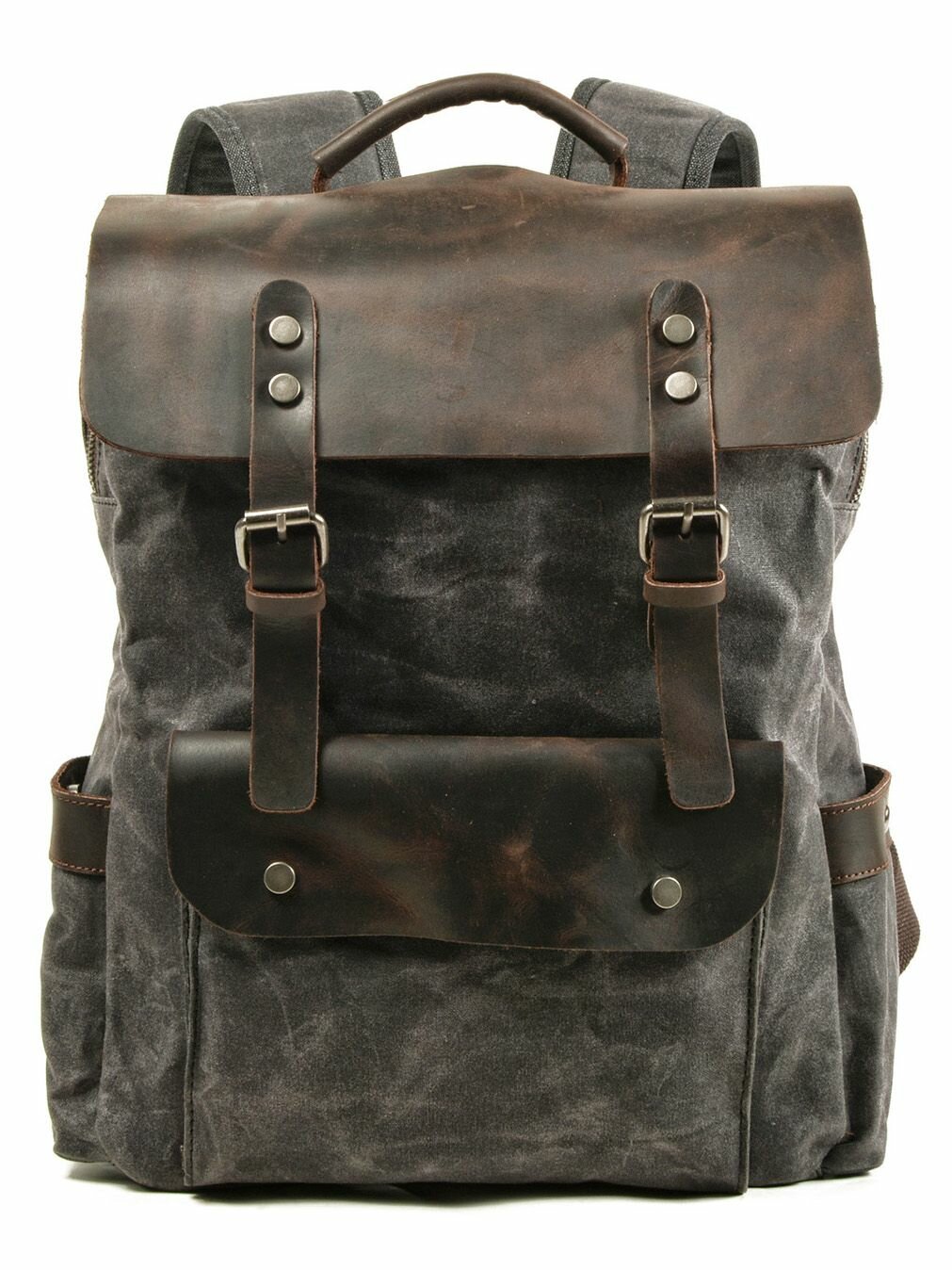 Рюкзак винтажный 13 литров "База" из холста и кожи с клапаном, отделом под ноутбук 15.6 дюйма и карманами на кнопках