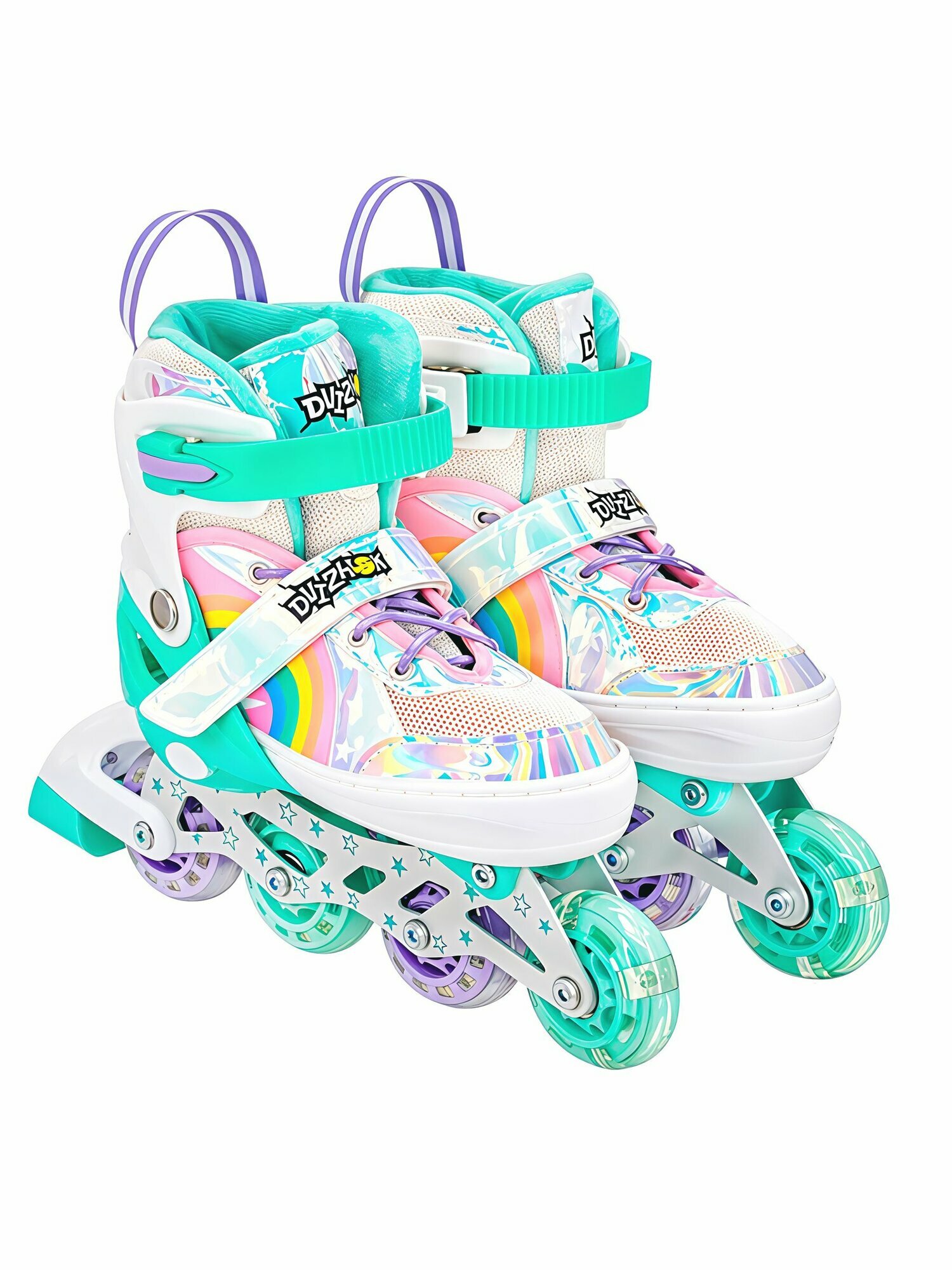 Роликовые коньки Dvizhok с подсветкой, детские раздвижные ролики, спортивный инвентарь для активного отдыха, размер M 34-37, пластиковые колеса PVC, цвет мятно-белый