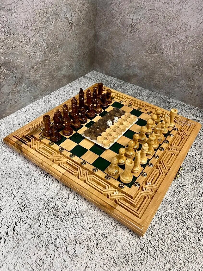 Шахматы, нарды, шашки 3в1 подарочные, резные "Малахит темный", бук, эпоксидная смола, 40х20х5см