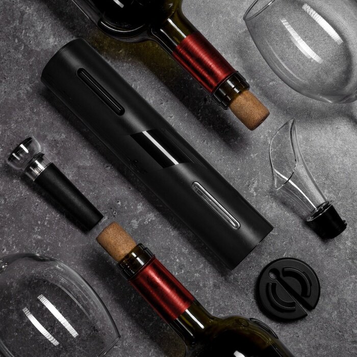 Набор сомелье электрический LSH-04, пробка, аэратор, штопор, от батареек, чёрный