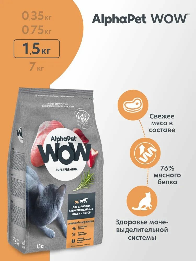 Корм AlphaPet WOW Superpremium для стерилизованных кошек и котов, c индейкой и потрошками, 1.5 кг