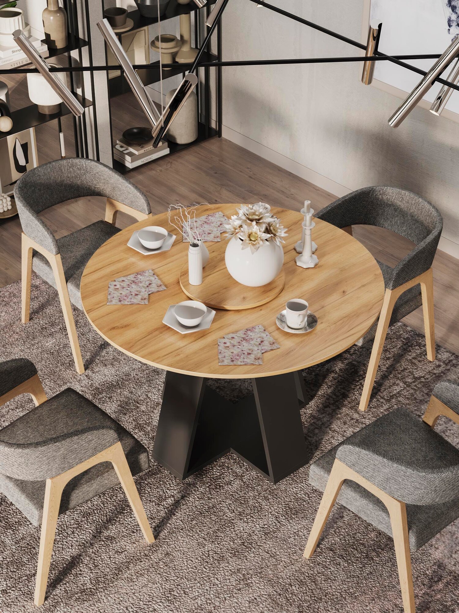 Стол обеденный круглый, FRENT, черный/дуб золотой "Брайт", диаметр 115 см