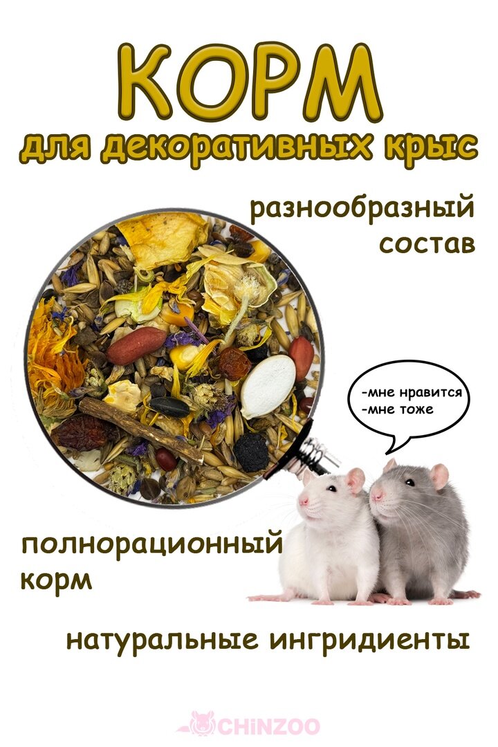 Корм для декоративных крыс ChinZoo, полнорационный корм без искусственных добавок, 500 гр.