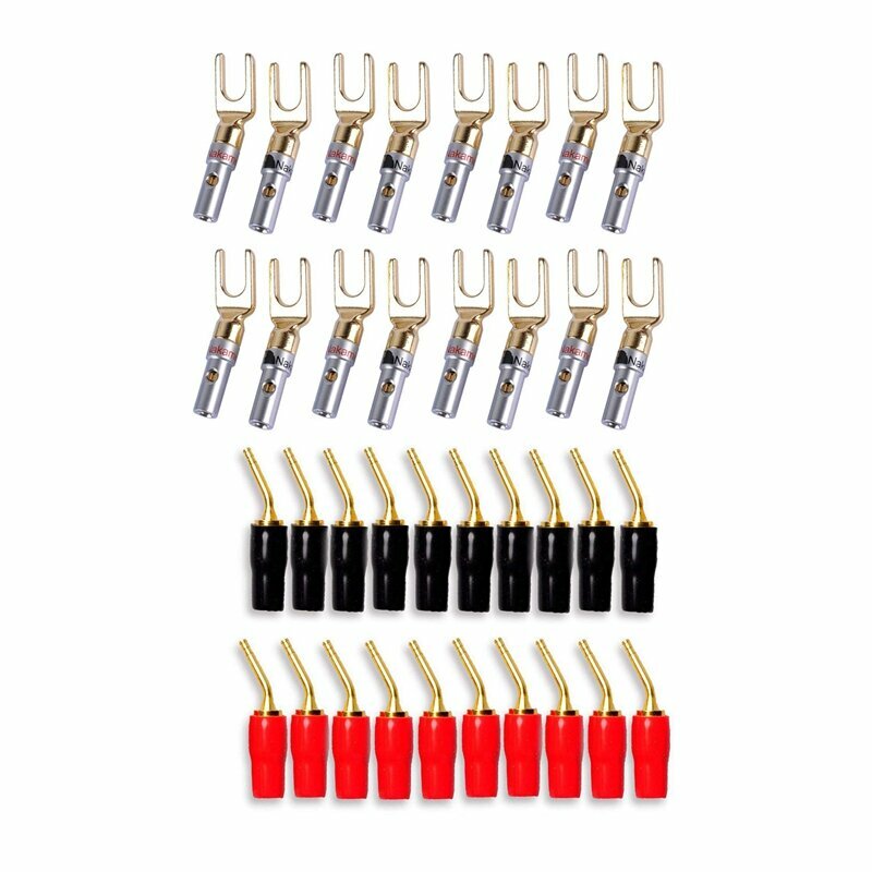 2 комплекта разъемов для аудиокабеля для колонок: 1 комплект Y-образных разъемов с винтовым 45-градусным лепестковым разъемом и 1 комплект 2-миллиметровых штыревых разъемов типа «банан»