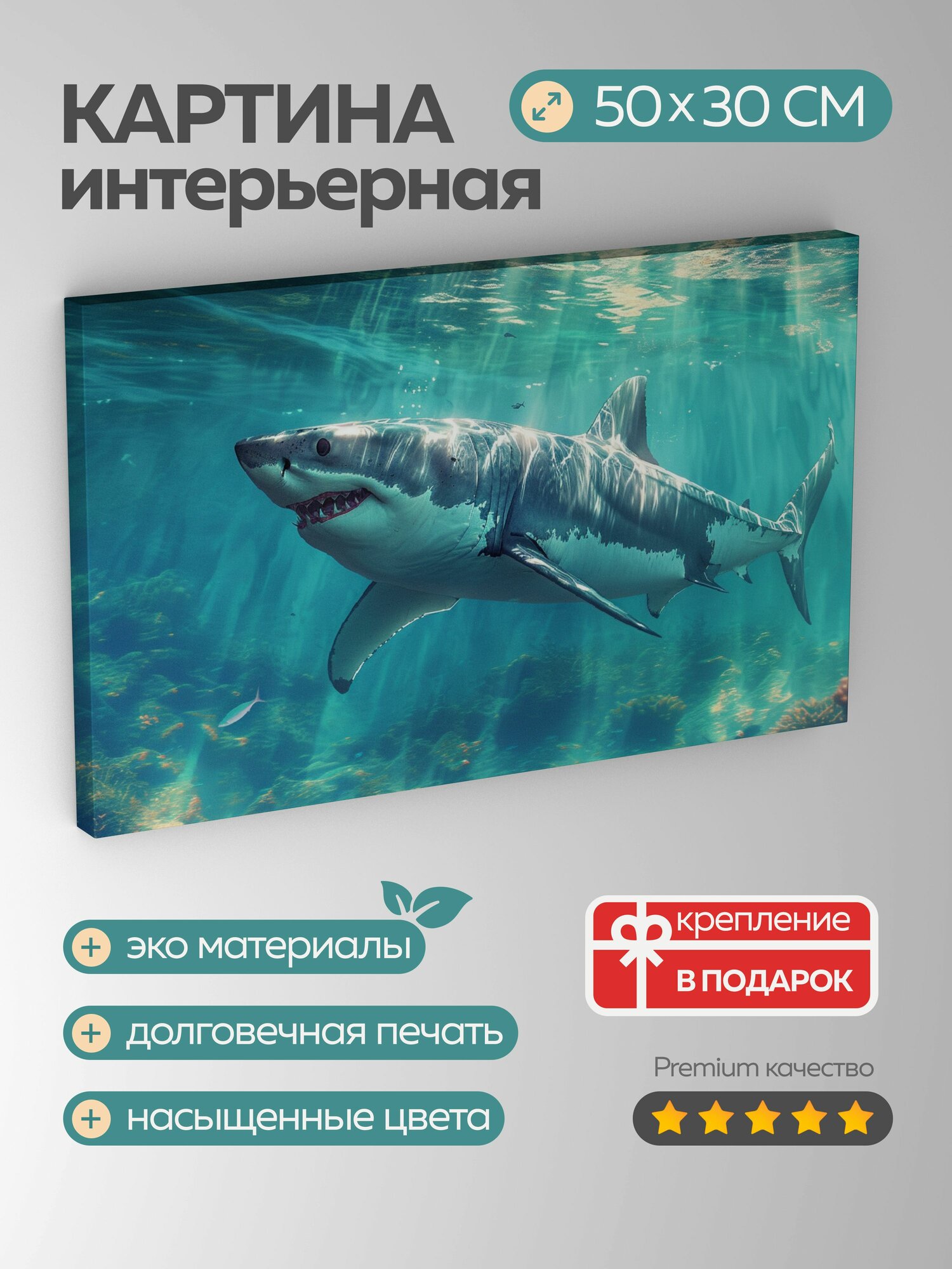 Картина на холсте интерьерная 50х30 см, акула, вода, риф, свет, мускулы, зубы, мощь, элегантность, таинственность
