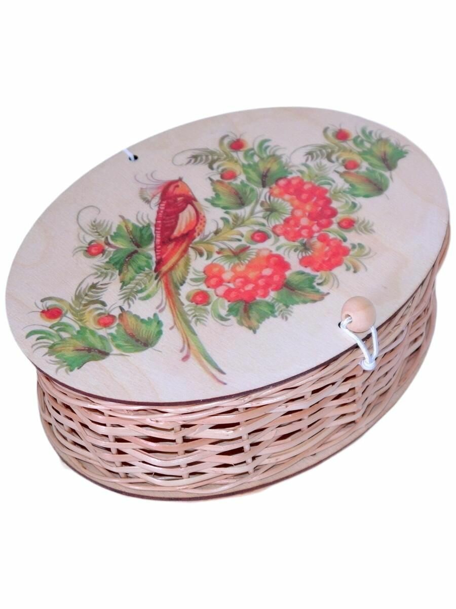 Шкатулка (корзина) овальная плетеная с принтом на крышке №1/1 - рябина, ручное плетение из лозы
