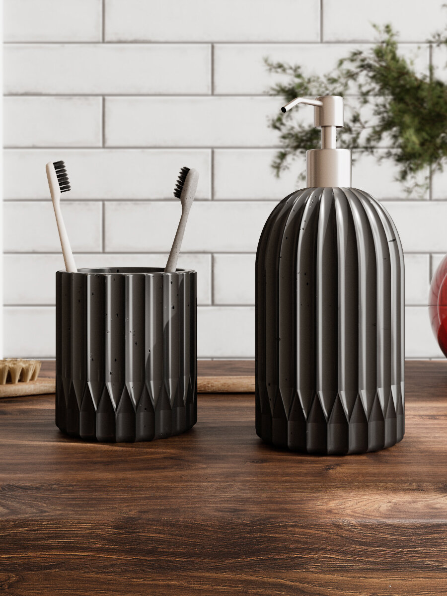 Набор аксессуаров для ванной комнаты "San Marino", темно-серый глянцевый: дозатор 500 мл, стакан под зубные щетки/пасту.