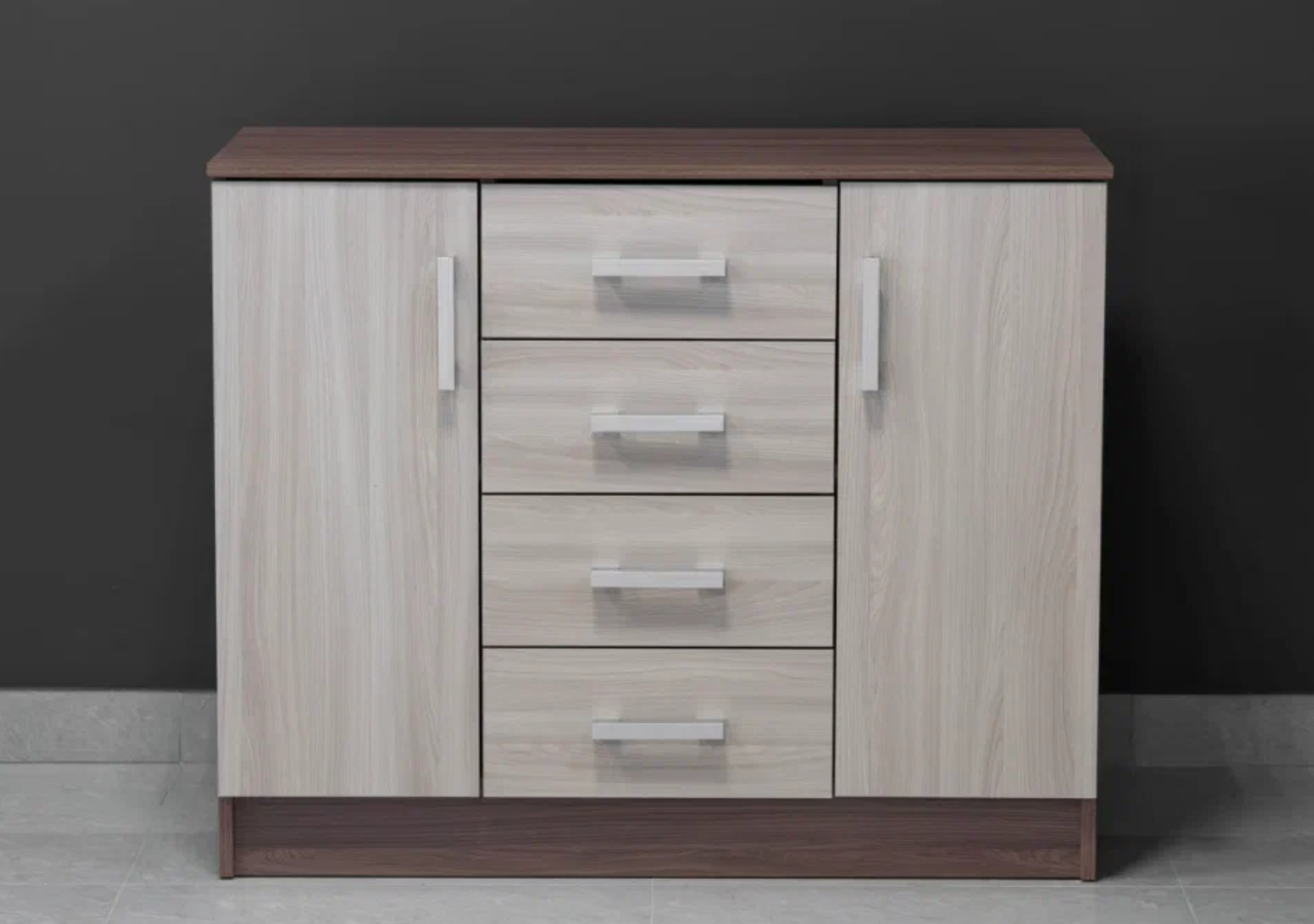 Комод ЭРА, К1000-2Д, 4 ящика, 2 дверцы, 101 х 83 х 43 см, цвет ясень шимо темный/светлый