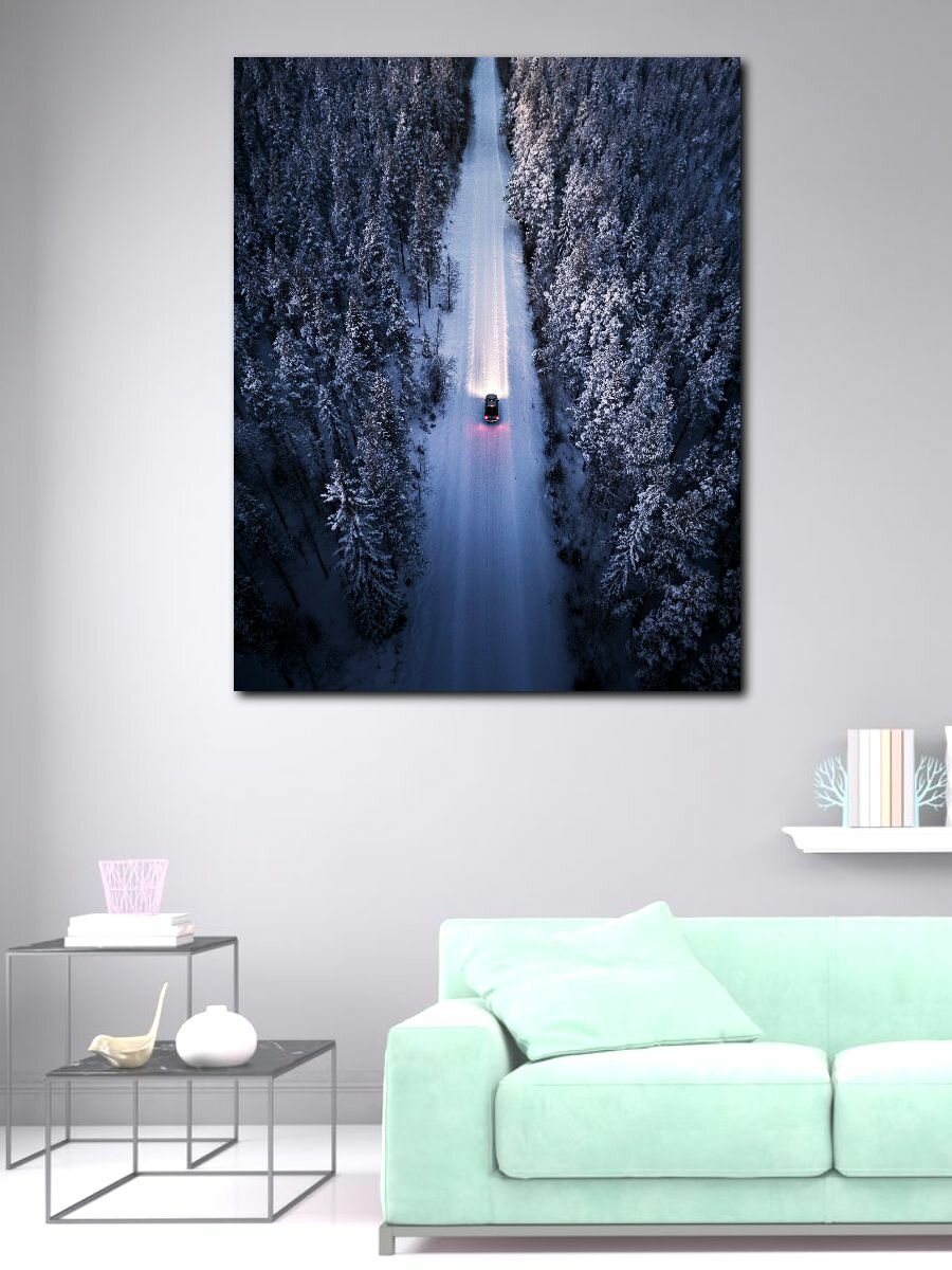 Картина "Дорога в зимнем лесу", 30 см x 40 см, холст, на подрамнике, цифровая печать