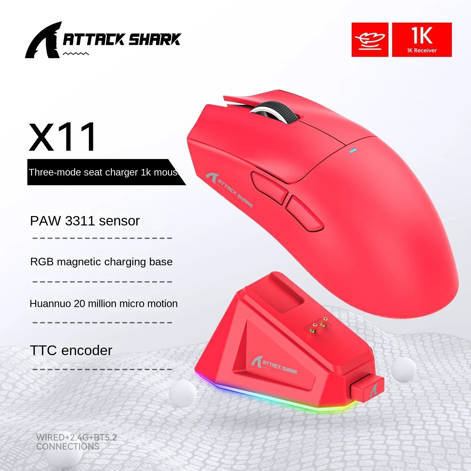 Беспроводная мышь Attack Shark X11 Red, PAW3311