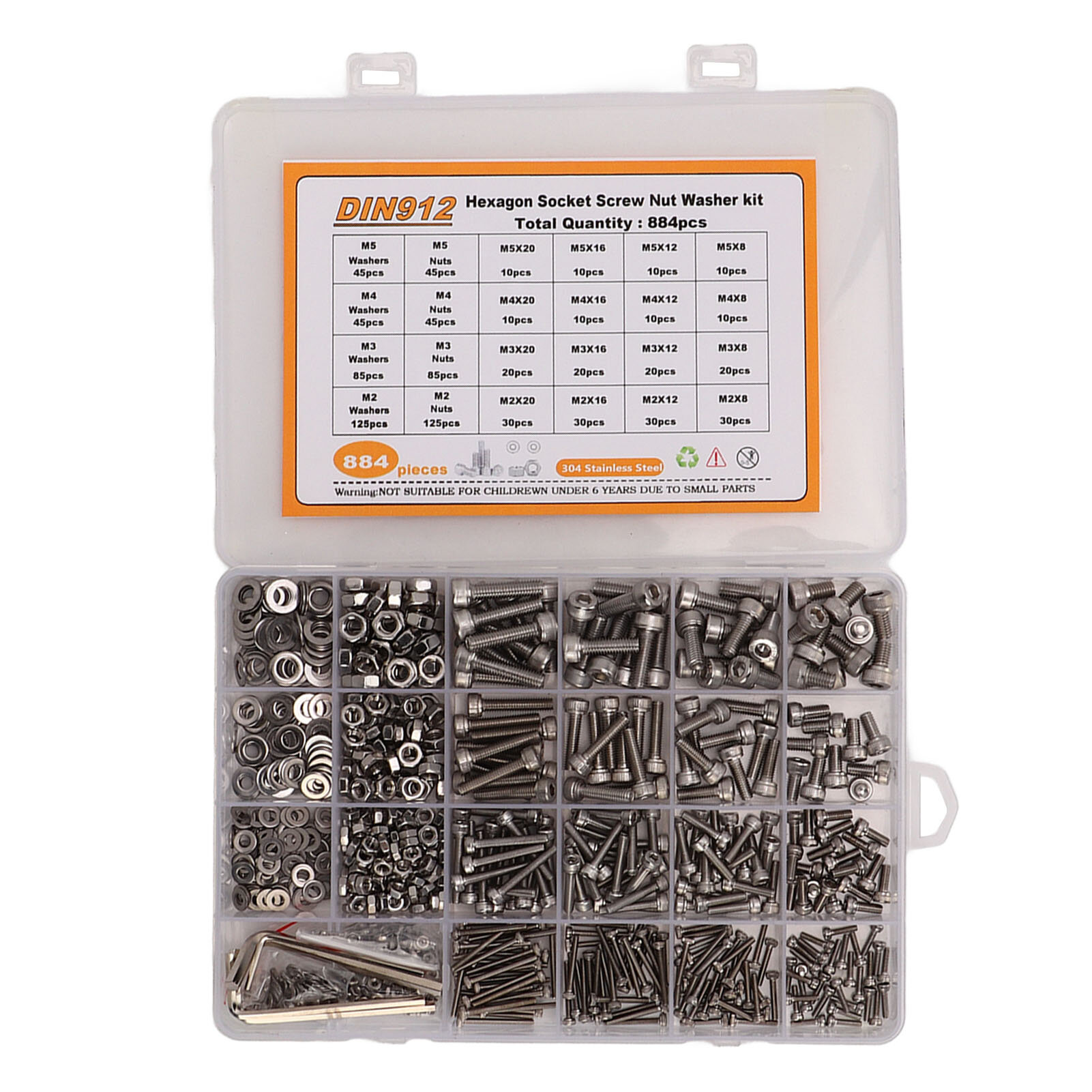 Набор из 884 винтов, гаек и шайб, M2, M3, M4, M5, с круглой головкой и шестигранным ключом, из нержавеющей стали 304.