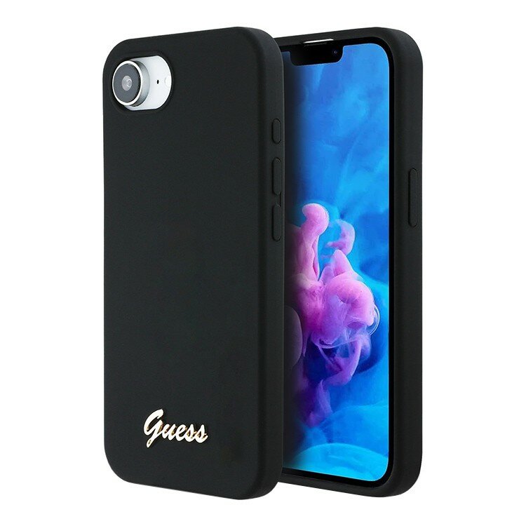 Guess силиконовый чехол с MagSafe для iPhone 16e, Liquid silicone Gold metal logo черный