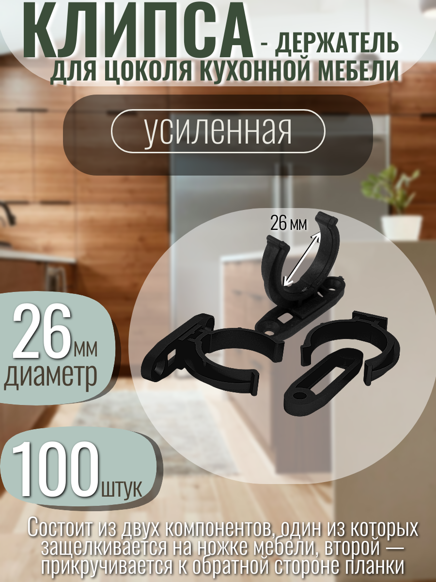 Клипса+планка для кухонных ножек / Комплект крепежа к ножкам / Клипса и держатель кухонной мебели, ножек / Держатель цоколя (100 штук черным цветом)
