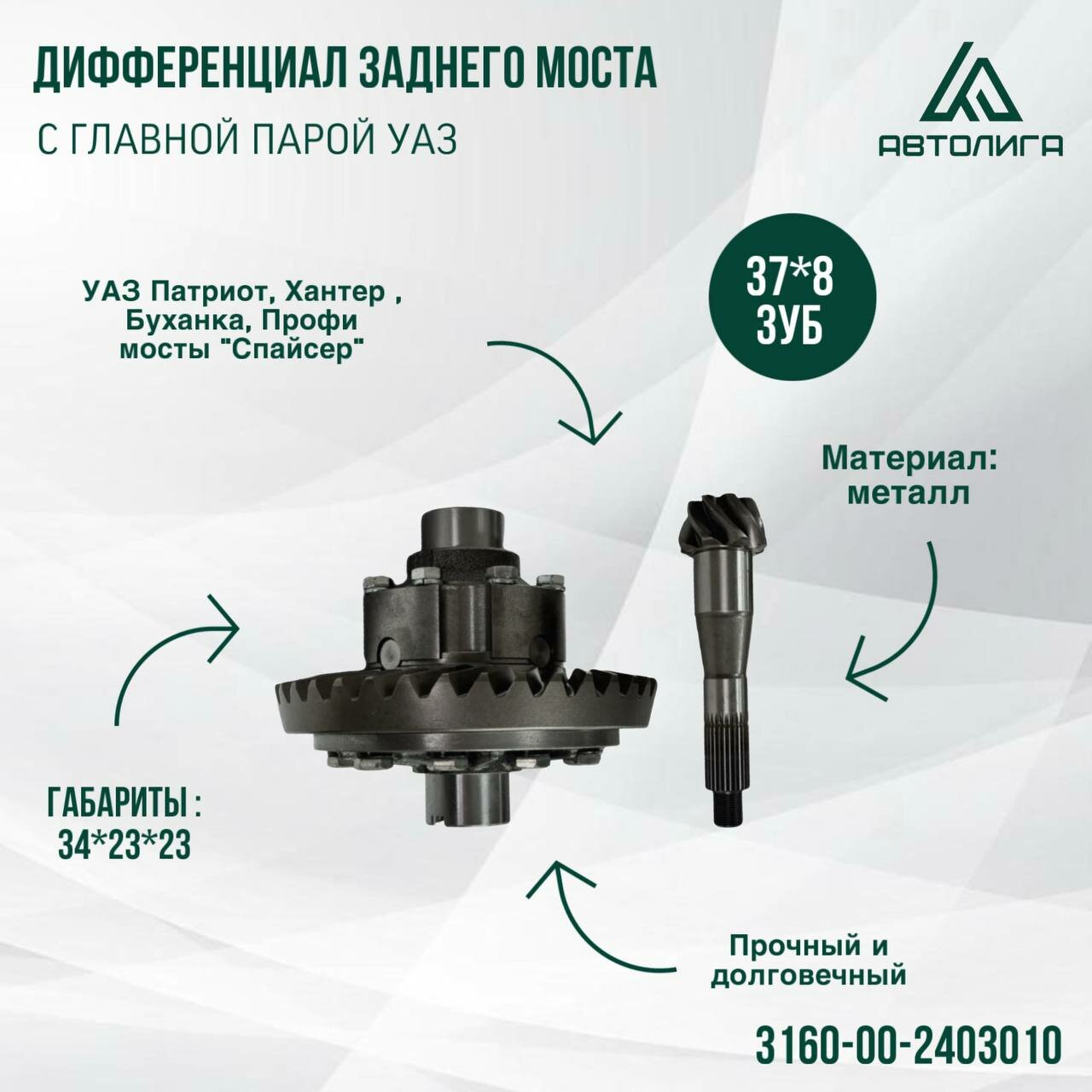 Дифференциал заднего моста УАЗ Патриот, Хантер, Буханка в сборе с главной парой (УАЗ, мост Спайсер, главная пара 8*37 зуб.)