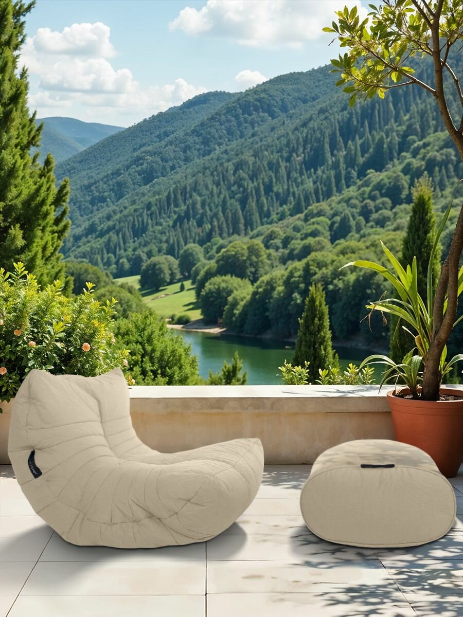 Кресло-шезлонг с оттоманкой для дачи Acoustic Lounge - Thermo Beige (олефин, бежевый) - садовая мягкая мебель для отдыха и релакса