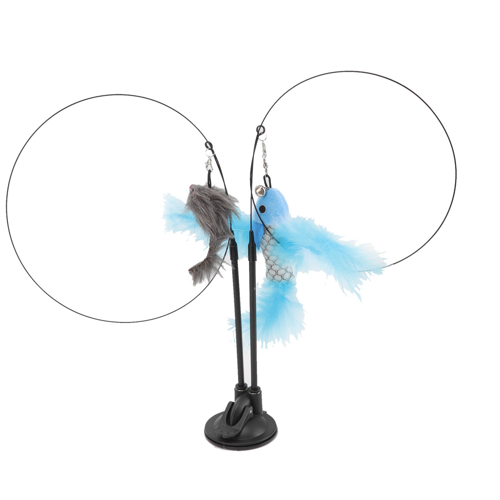 Игрушка-палочка с присоской в виде кошачьего пера, двусторонняя, со съемной стальной проволокой, интерактивная дразнилка для кошек, синих летающих рыбок и серых мышей.