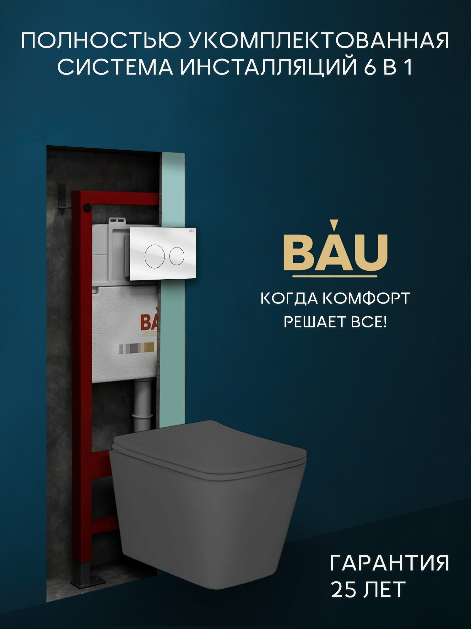 Инсталляция с унитазом комплект BAUEDGE : унитаз Stil, сиденье, темно-серый матовый, клавиша Dream, белая