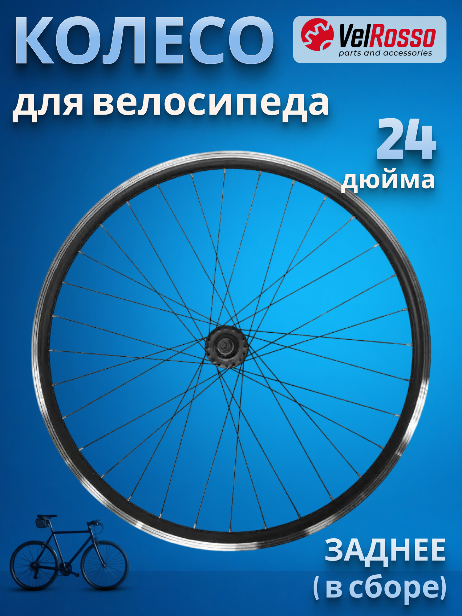 Колесо велосипедное 24" заднее в сборе VelRosso двойной алюминиевый обод, гайки, disk под трещотку WSM-24RD