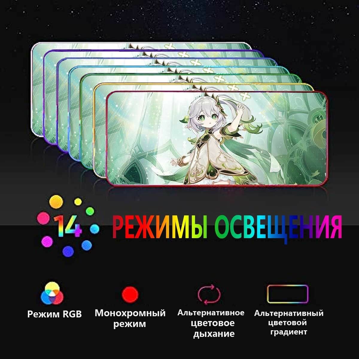 Genshin Impact - Nahida Игровой коврик для мыши Светящийся коврик для мыши, XXL, Толщина 4 мм