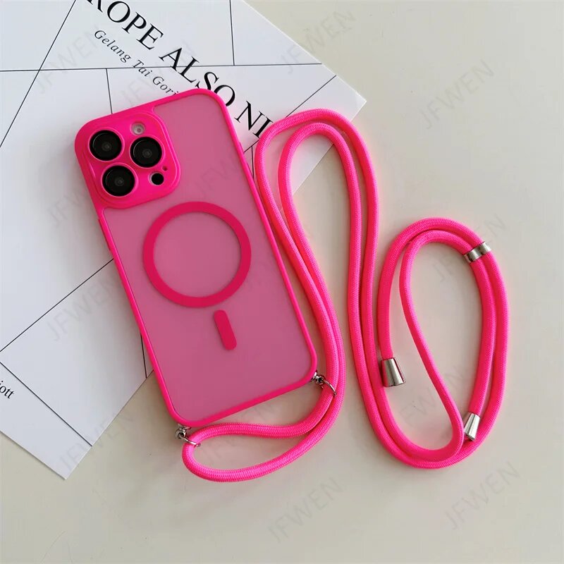 Магнитный чехол с ремешком через плечо для iPhone 17, Air 16, 16E, 15, Айфон 16 Про Макс, Rose Red