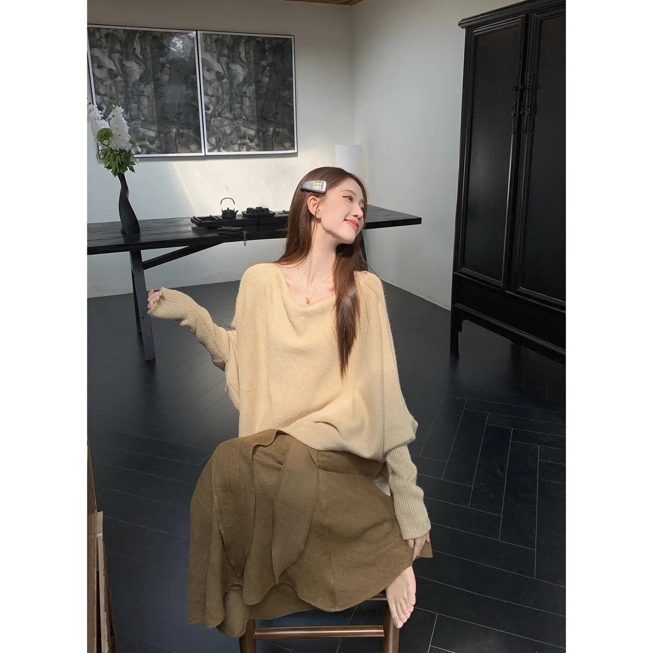 Костюм "Лентяй", свободный свитер и юбка-серпантин, нежно-абрикосовый, XL