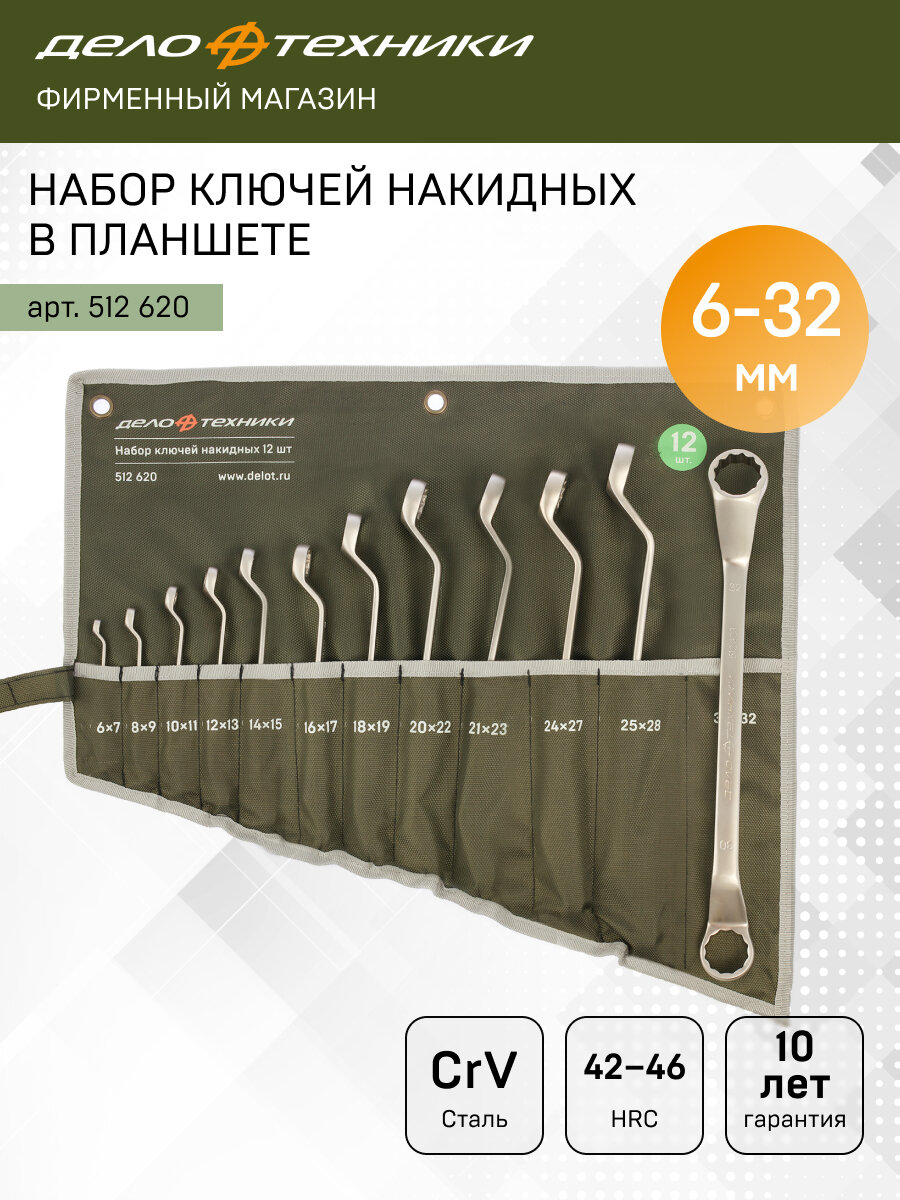 Набор ключей накидных 12 штук, CrV, планшет тетрон, Дело Техники, 512620