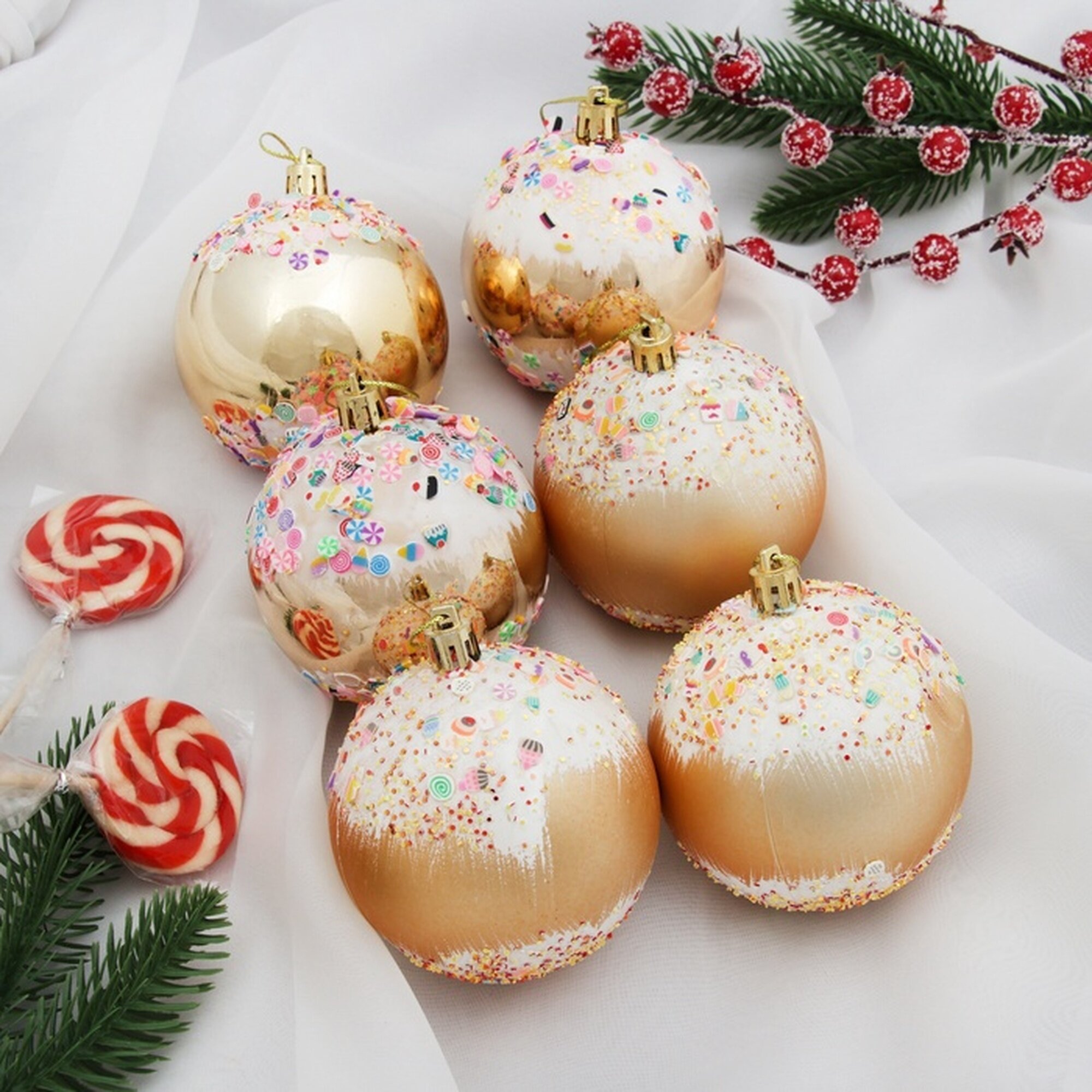 Ёлочные игрушки «Новогодний восторг», шары новогодние, d=8 см, набор 6 шт, золото