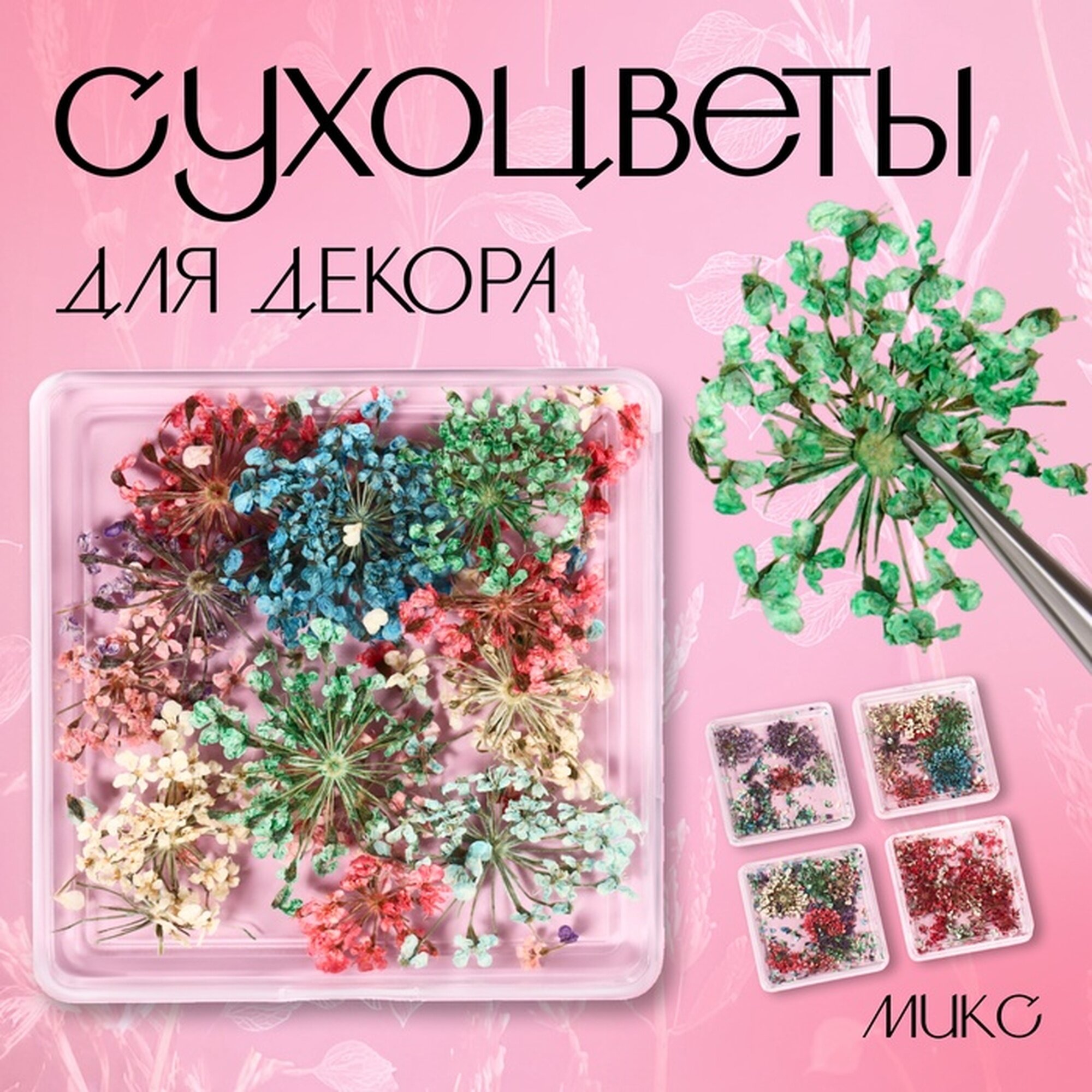 Набор сухоцветов Queen Fair, для декора ногтей, 4 вида, в футляре