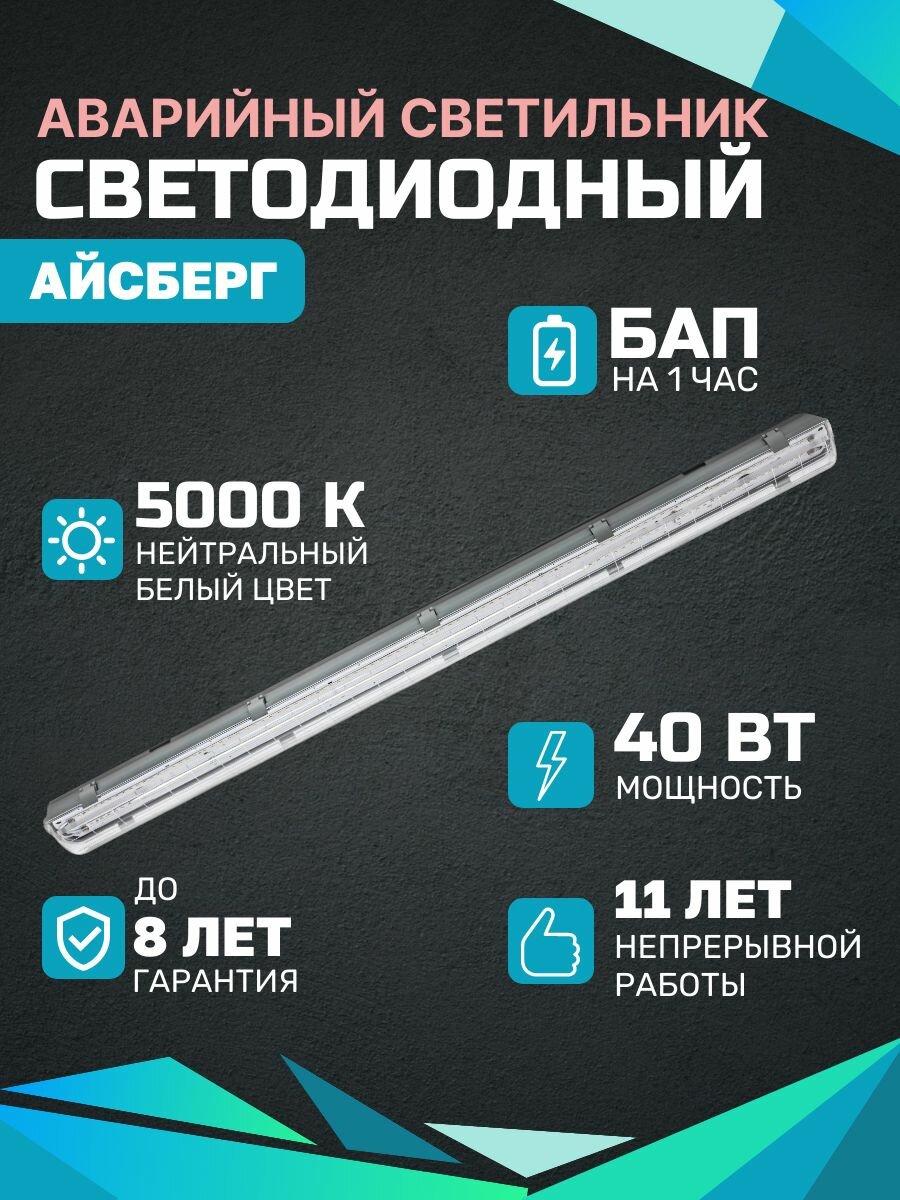Аварийный светильник светодиодный Айсберг 40Вт, 5000 Lm, 5000К, IP65, Прозрачный, с БАП на 1 час, накладной