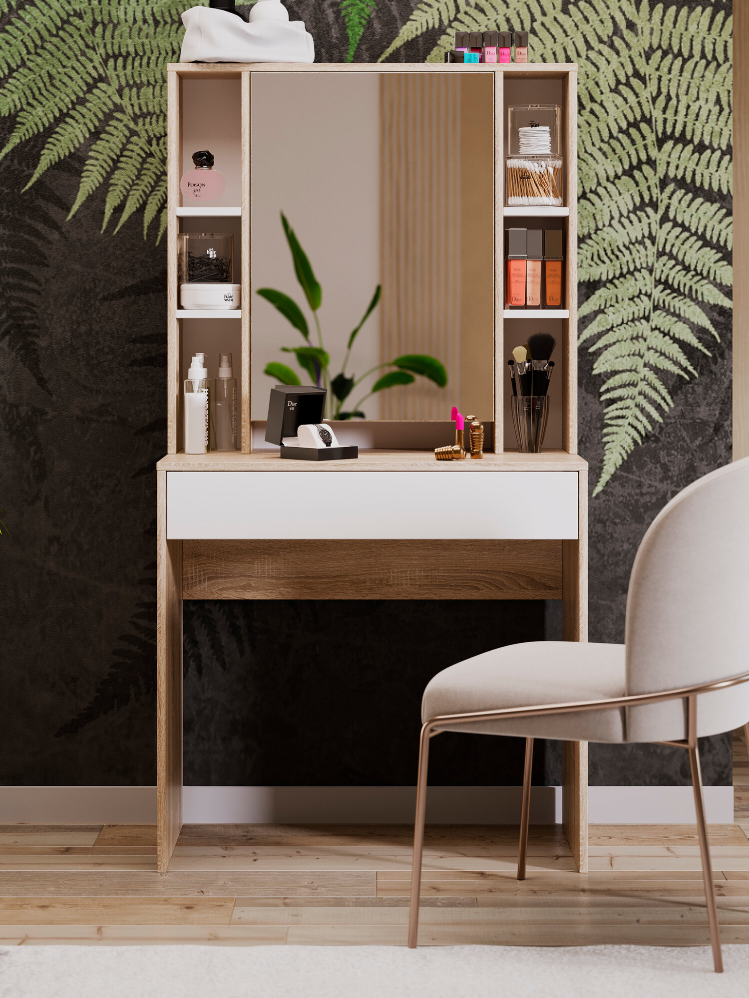 Туалетный стол ТриЯ "Салли", с зеркалом, с ящиком, ЛДСП, 80 см x 40,4 см x 152,8 см, дуб сонома/белый ясень