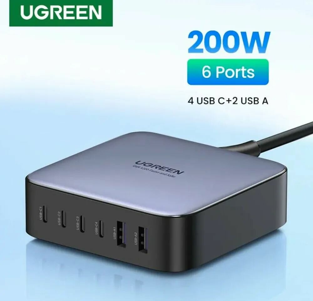 Сетевое зарядное устройство UGREEN CD271 GaN 200 Вт, 6 портов - 2хUSB-A + 4хUSB-C (40914)
