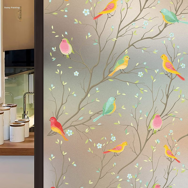 Qinghua, Frosted Glass Sticker, Window Privacy Film, Bathroom Light-Transmitting Glass Film, Window Pattern, Colorful Bird, 60*200cm