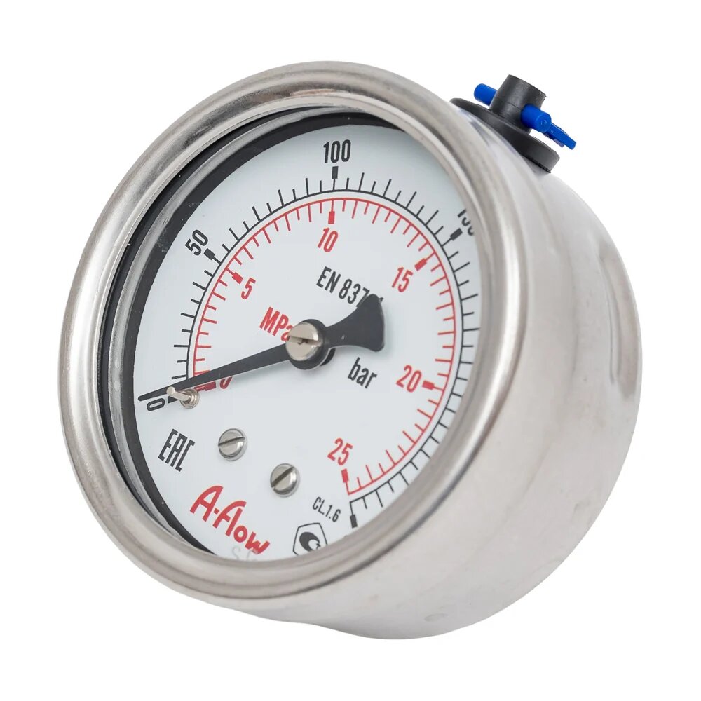 Манометр от 0 до 250 бар из нержавеющей стали, D63 мм, NPT 1/4", штуцер сзади по центру