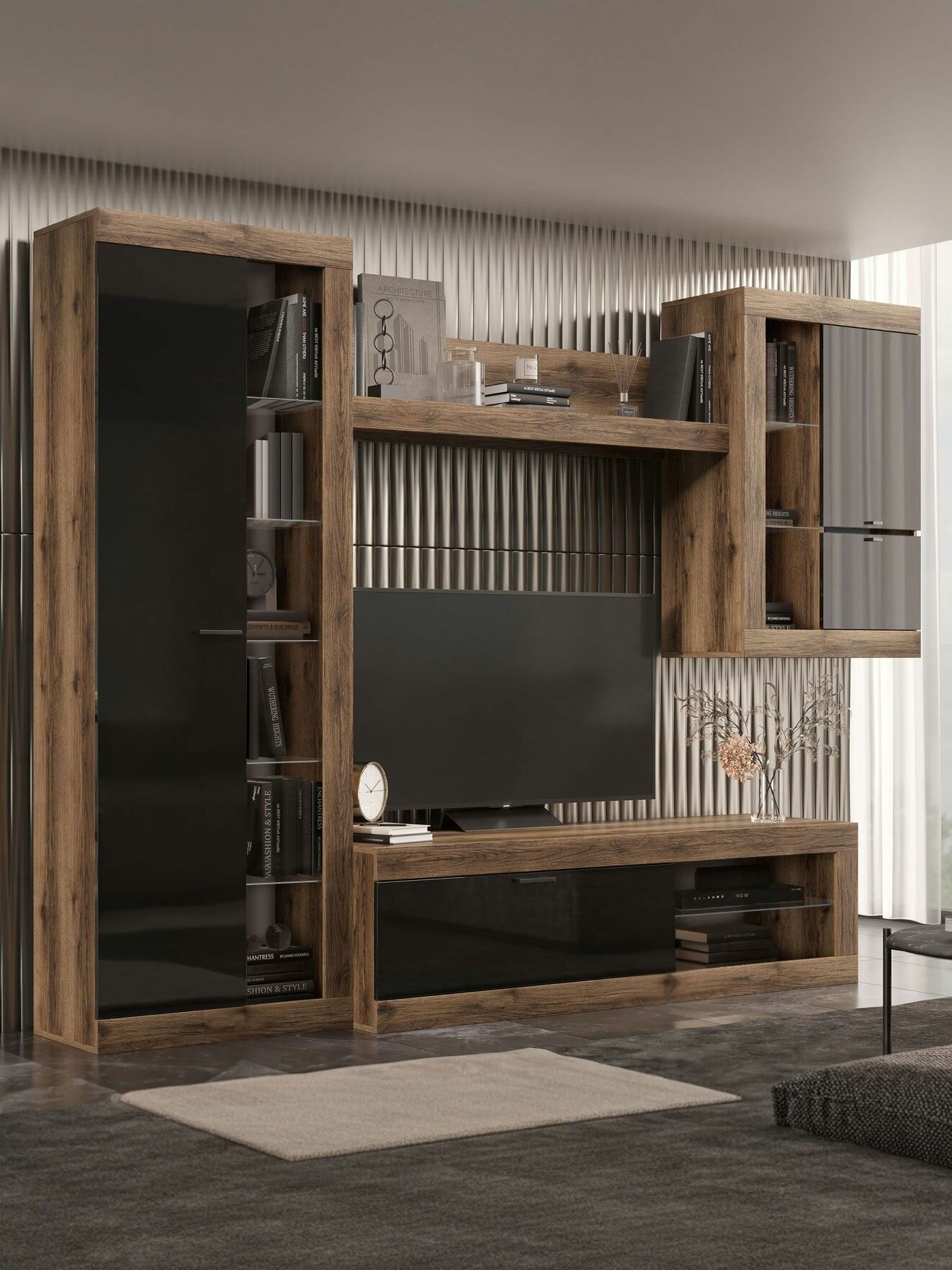 Гостиная комплект Прага Миди, ТВ-тумба, шкаф-витрина, настенная полка, 285.2х42.6 см, Дуб Делано / Черный глянец Без подсветки