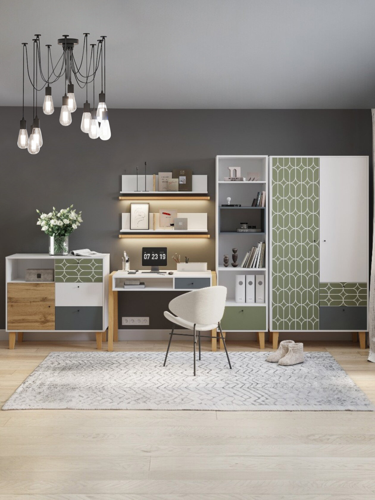 Комплект детской мебели Стори, комод, шкаф, письменный стол, стеллаж, Белый шелк / Темно-серый / Дуб Вотан