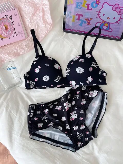 Женское нижнее белье Sanrio Hello Kitty, сексуальный бюстгальтер, комплект трусиков с рисунком без косточек, пуш-ап, дышащий бюстгальтер со сборками, подарки