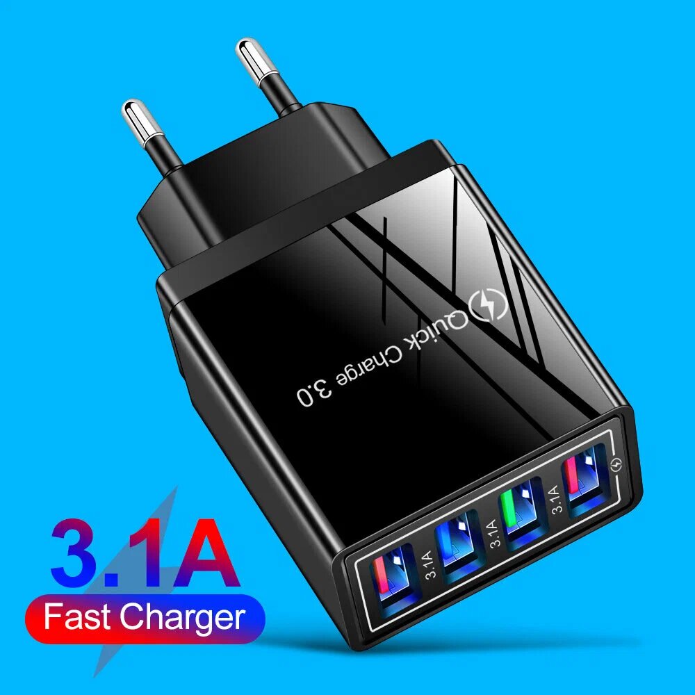 Сетевое зарядное устройство 4 порта USB для быстрой зарядки с подсветкой.