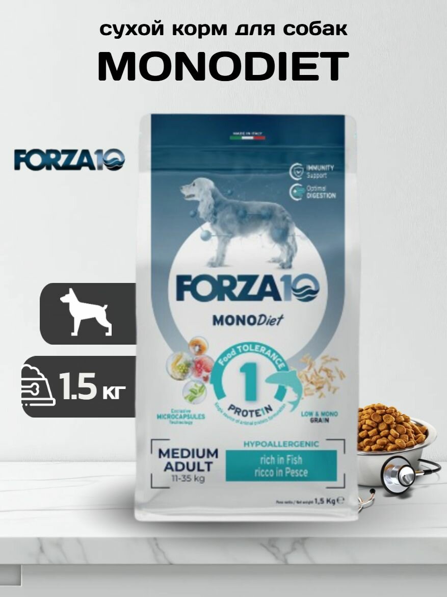 Сухой корм для собак средних пород Forza10 MonoDiet с рыбой - 1,5 кг