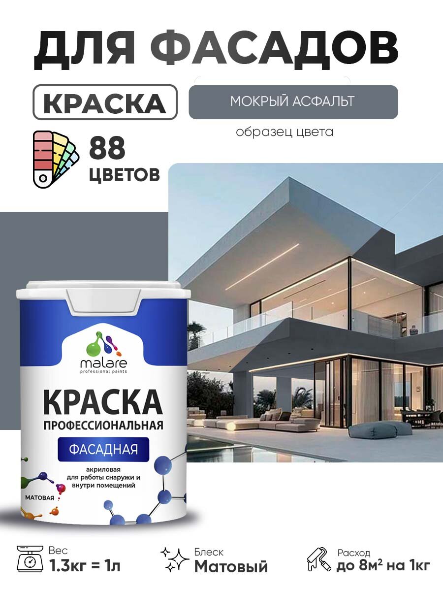 Краска Malare Professional фасадная по дереву, бетону и штукатурке, для камня и кирпича, без запаха, матовая, мокрый асфальт, (1л - 1.3кг)