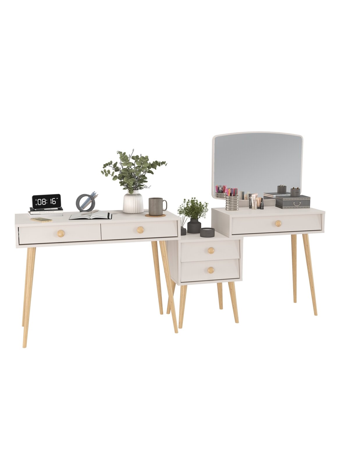 Туалетный стол с зеркалом Афина и стол на ножках, кашемир серый, 205х45х129 см.