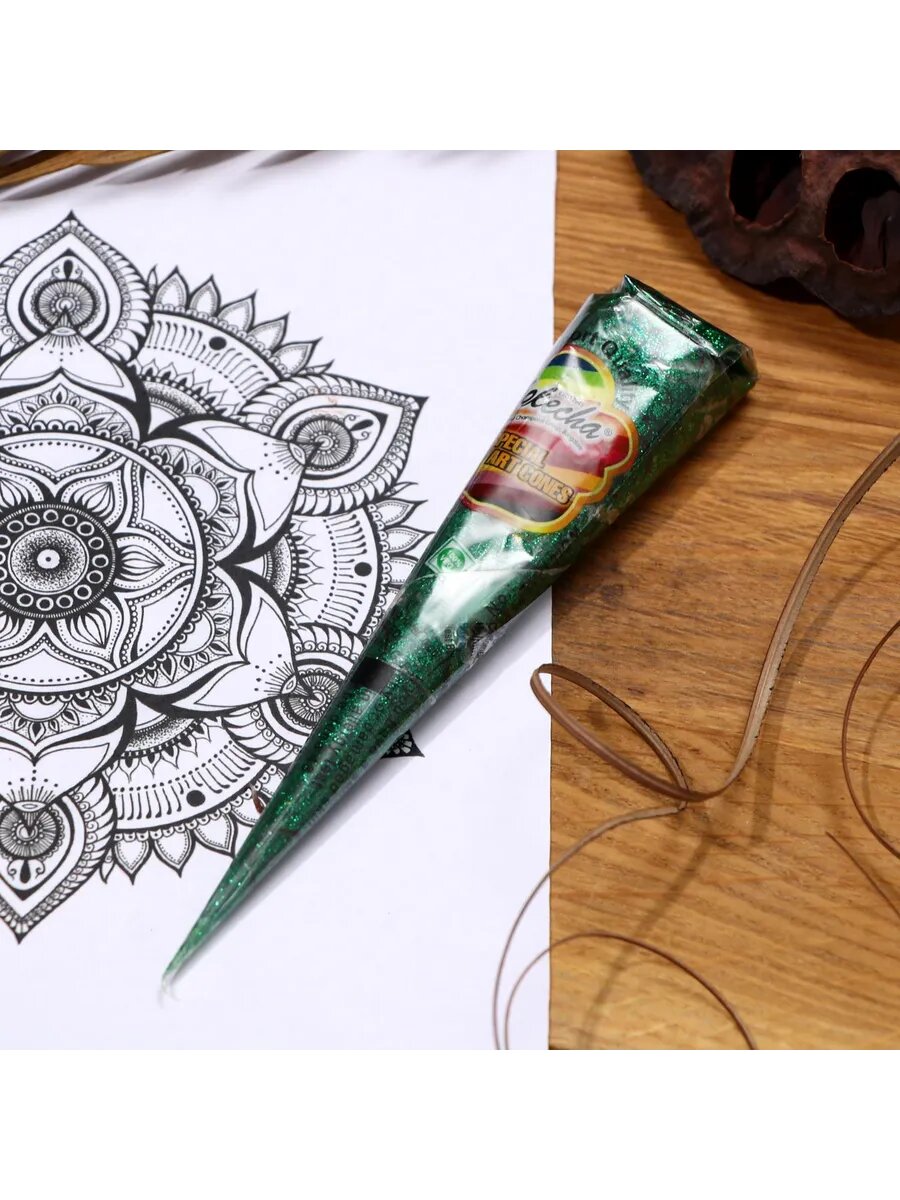 Хна с блестками для временных тату мехенди "Golecha - Голеча зеленый цвет", в конусе